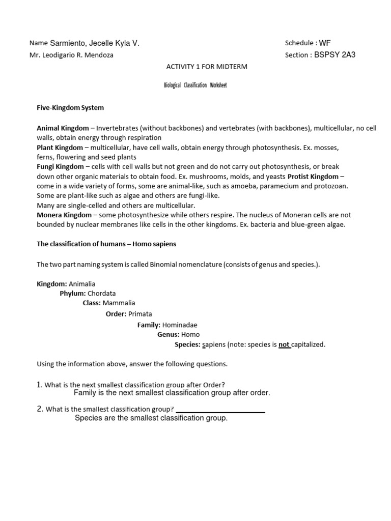Biological Classification Worksheet | PDF | Taxonomy (Biology) | Taxa