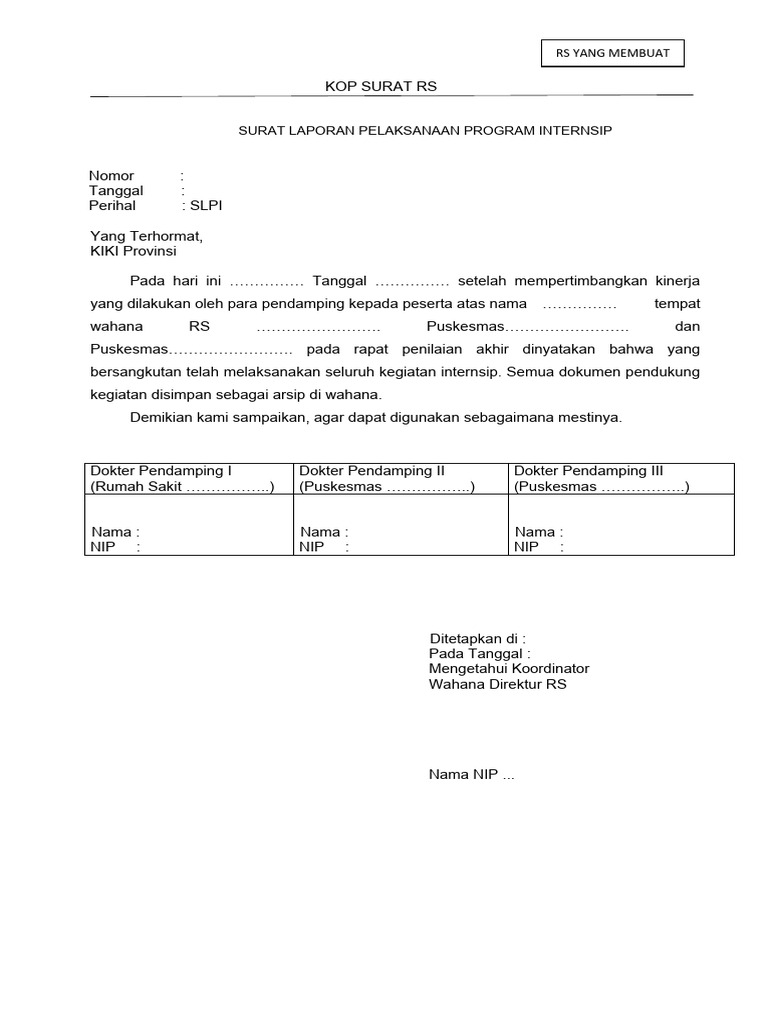Slpi-Surat Laporan Pelaksanaan Program Internsip Atau Non Slpi (RS) | PDF
