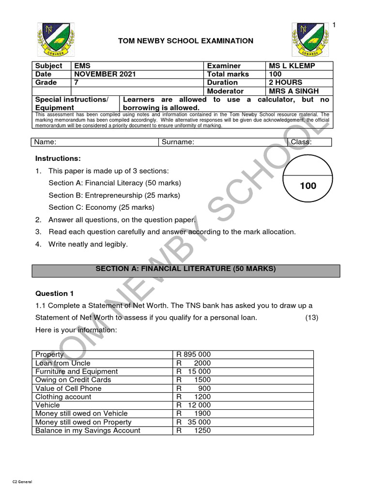 Grade 7 EMS Exam November 2021 | PDF | Banks | Income