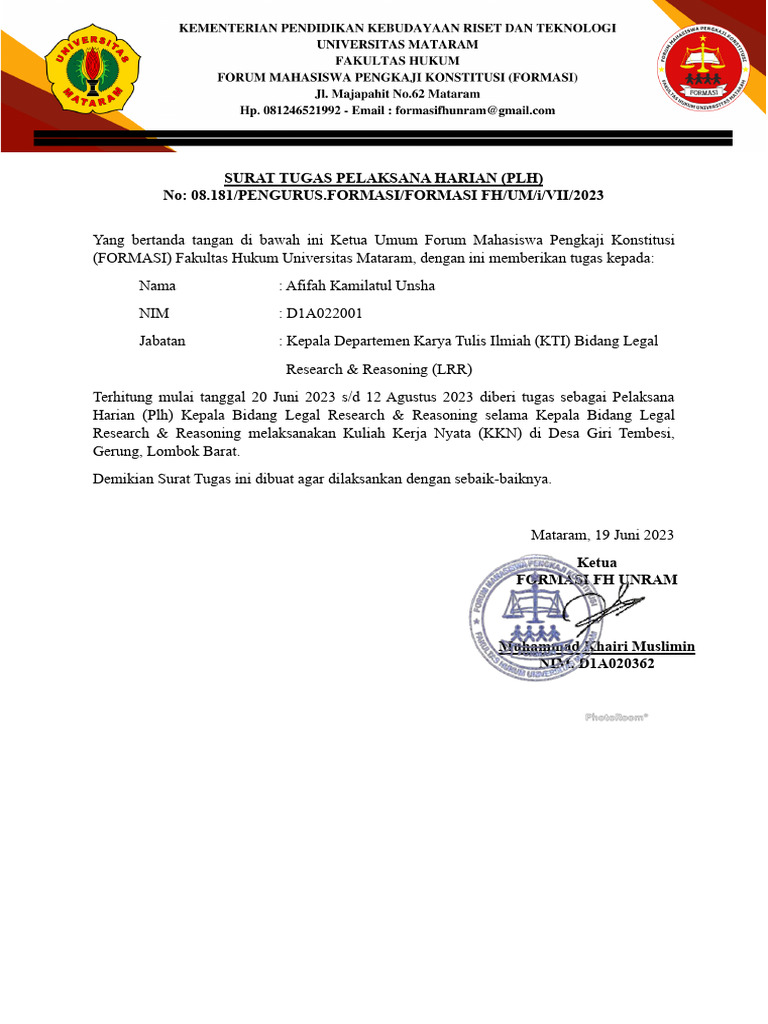 Surat Tugas PLH FORMASI FH UNRAM | PDF