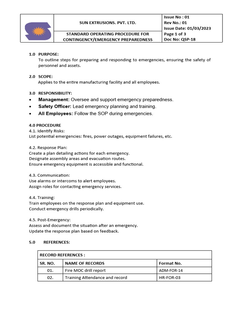 QSP-18 SOP for Contingency Emergency Preparedness | PDF | Emergency ...
