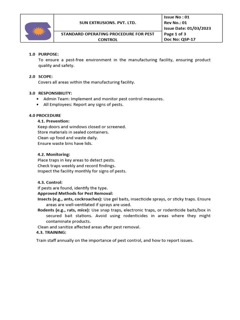 QSP-17 SOP For Pest Control | PDF | Pest Control | Pest (Organism)