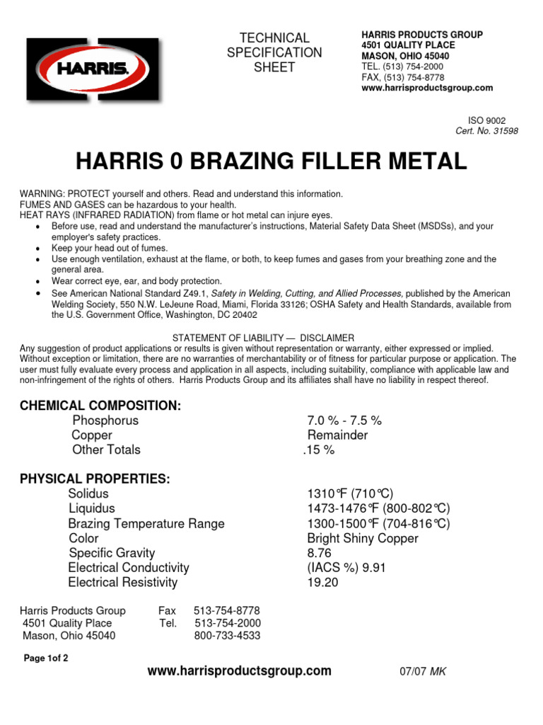Harris 0 Brazing Filler Metal Specs | PDF | Industrial Processes ...