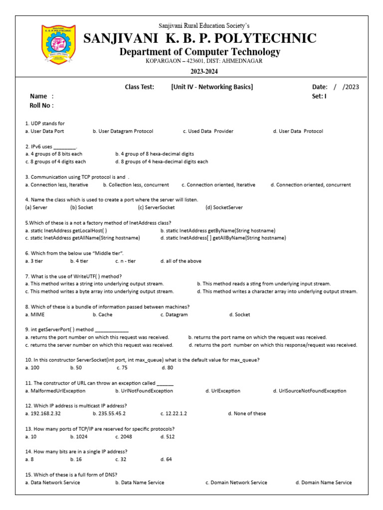 Set 1 Question | PDF | Port (Computer Networking) | Internet Protocol Suite