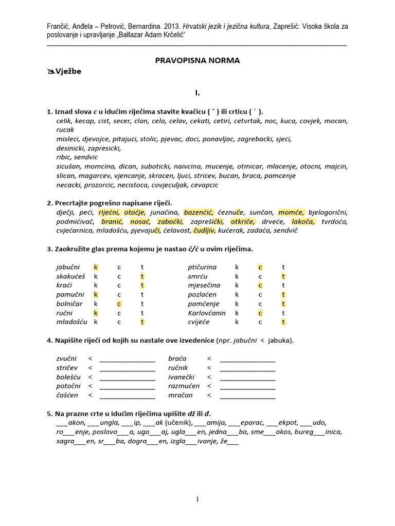 Pravopisna Norma - VJEZBE - I | PDF