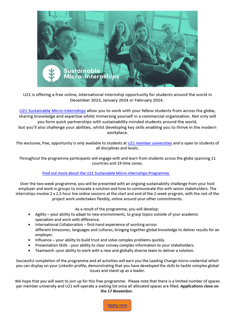 U21 Micro-Internship 2023-24 Announcement | PDF | Internship | Job Hunting