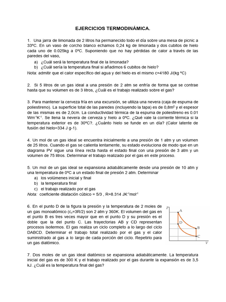 Ejercicios Termodinámica | PDF | Gases | Temperatura