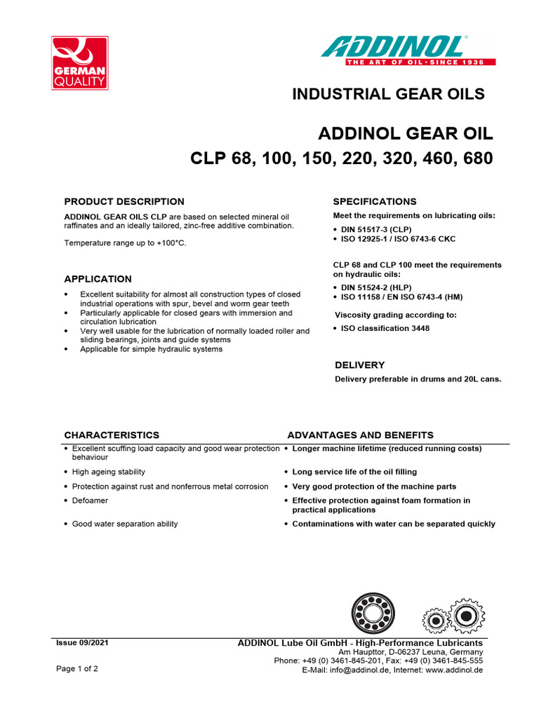 ADDINOL CLP Gear Oil Specifications | PDF | Lubricant | Gear