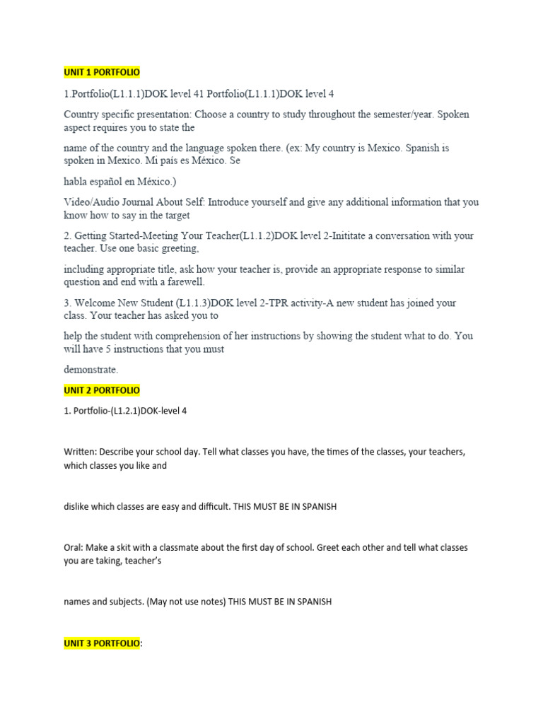 UNIT Portfolios 1-5 - Spanish 1 3 | PDF | Communication | Human ...