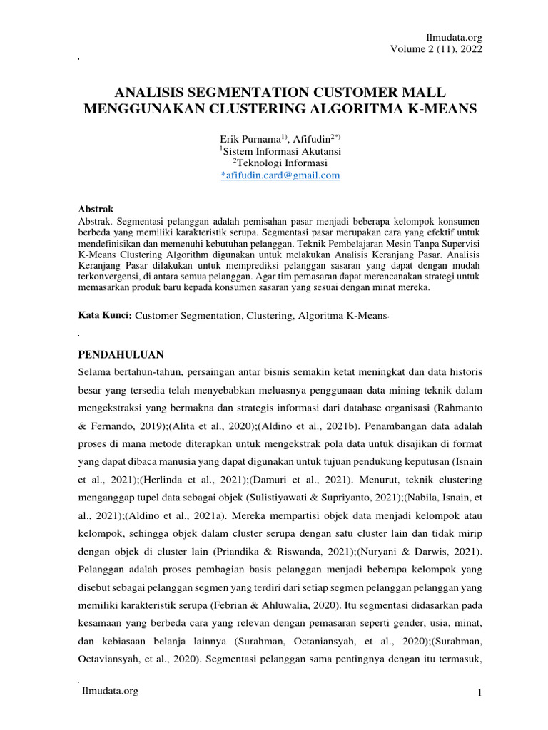 Analisis Segmentation Customer Mall Menggunakan Clustering Algoritma K ...