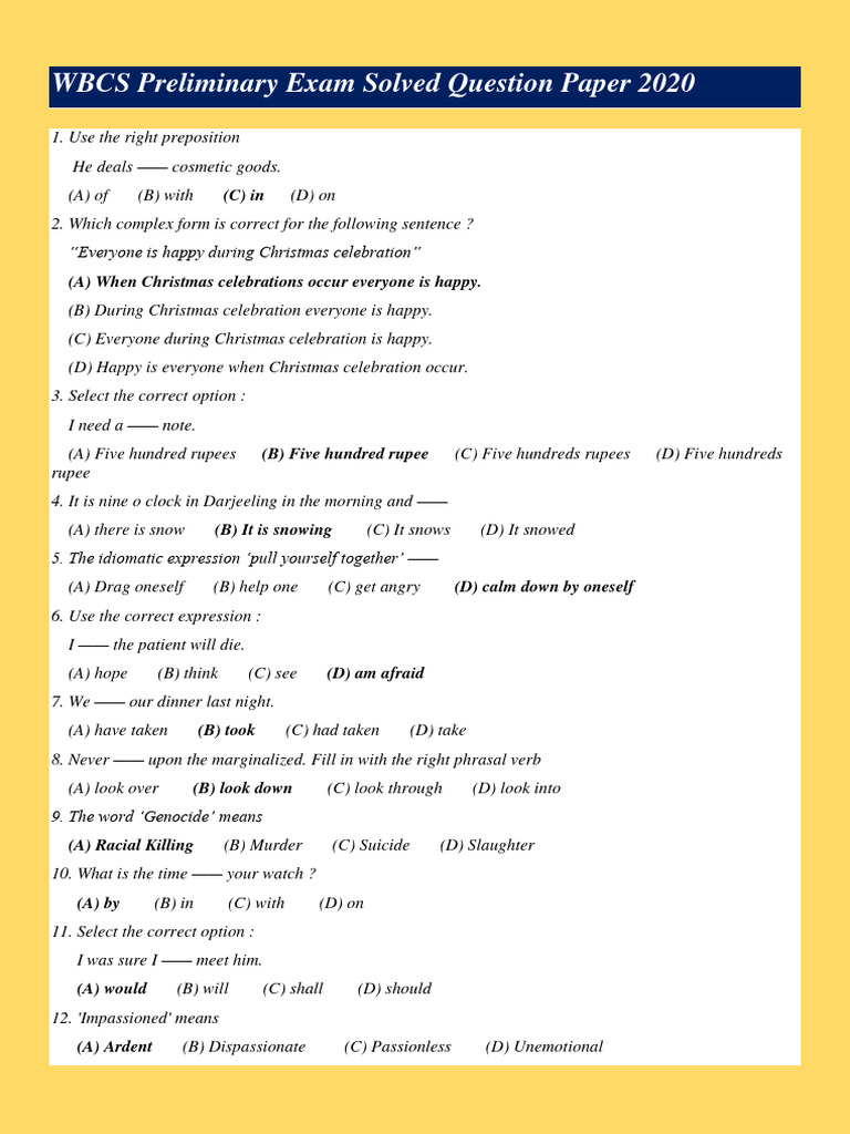 WBCS Preliminary Exam Solved Question | PDF