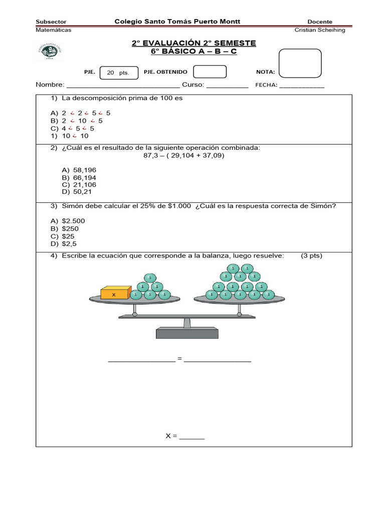 2da Eval 2do Sem 6tos | PDF | Matemáticas | Matemática Elemental