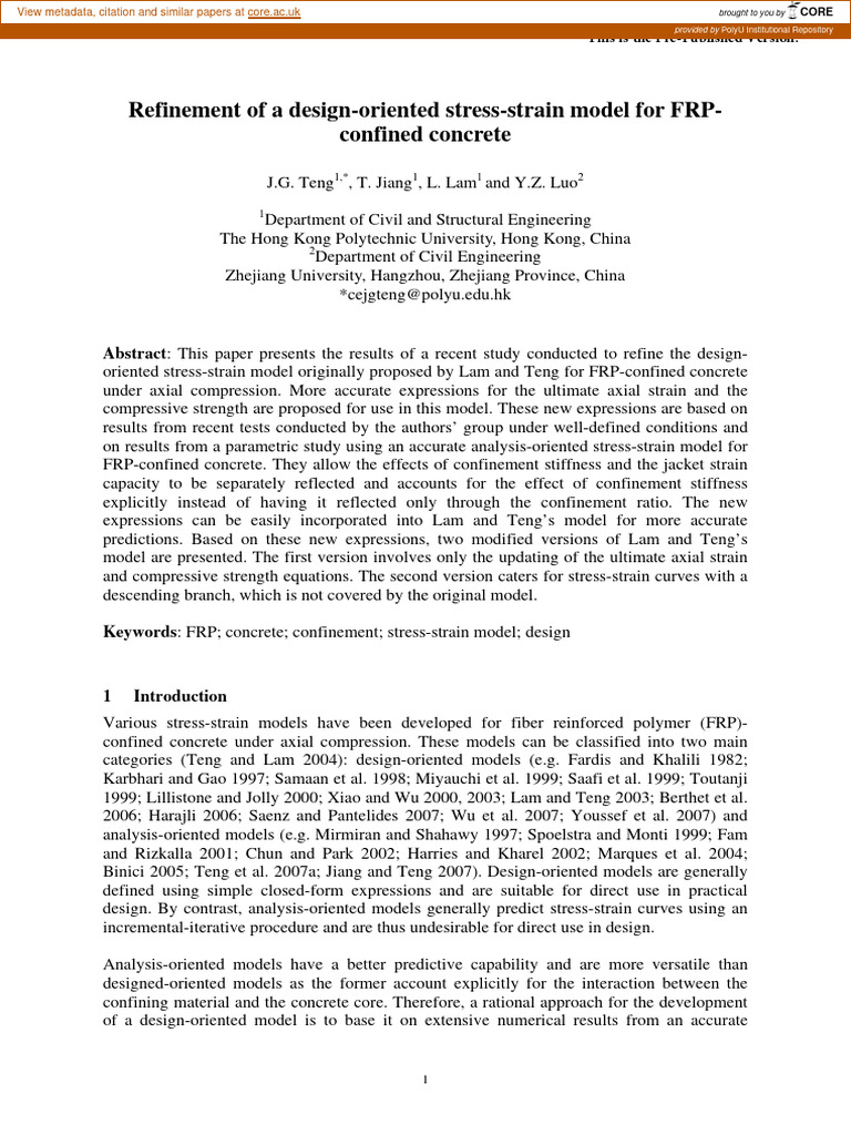 Refinement of A Design-Oriented Stress-Strain Model For FRP-confined Concrete | PDF ...