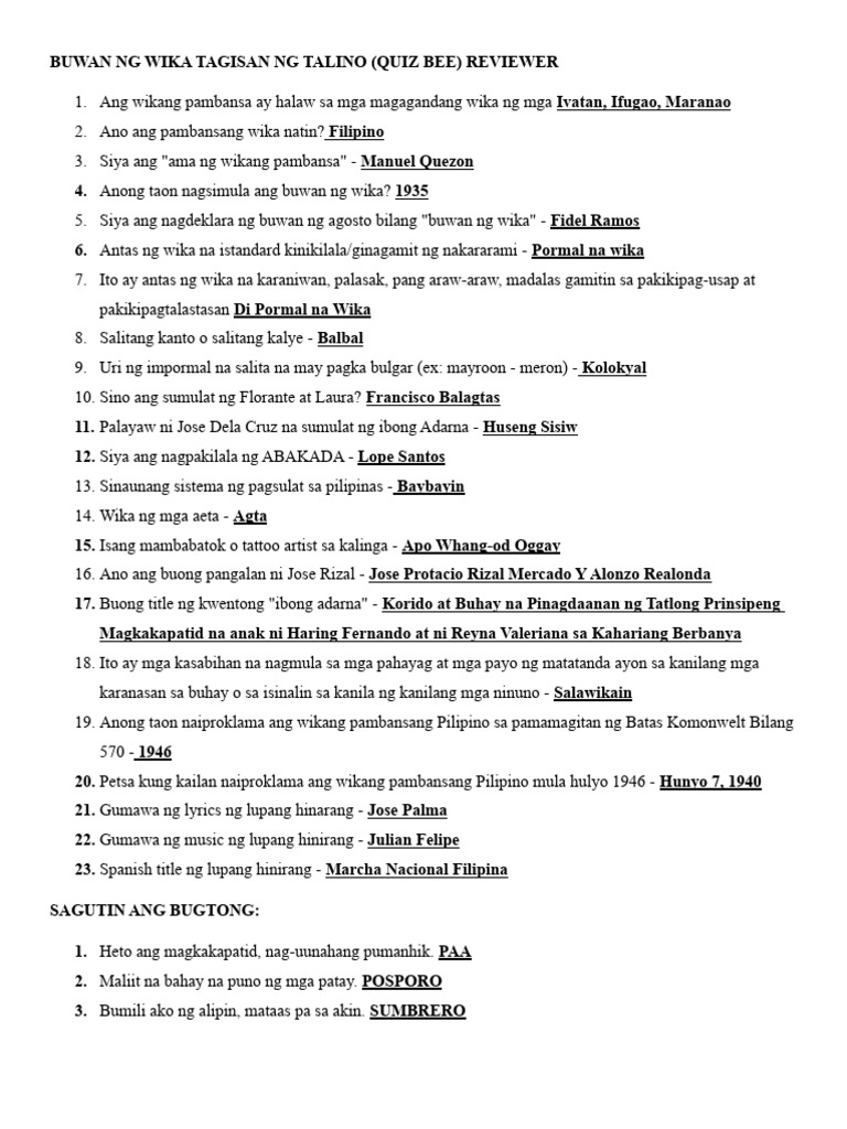 Buwan NG Wika Tagisan NG Talino Reviewer | PDF