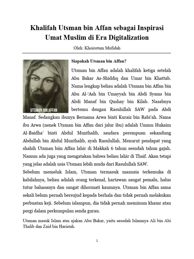 Khalifah Utsman Bin Affan Sebagai Inspirasi Umat Muslim Di Era Modern | PDF