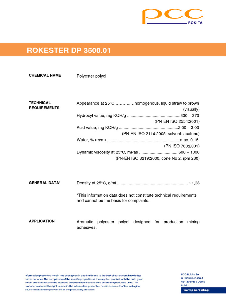 Rokester DP 3500 01 Polyester Polyol - Broszura - en | PDF | Technology & Engineering