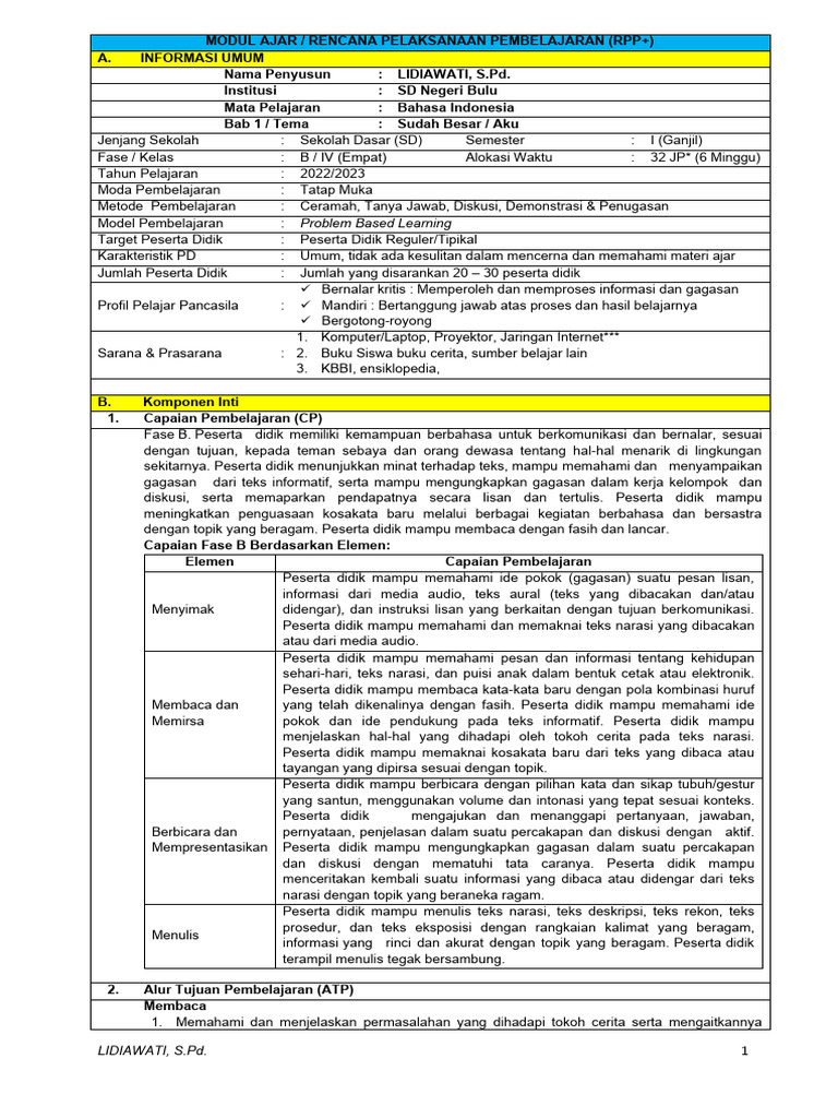 RPP Bindo KLS Iv SMS 1 | PDF