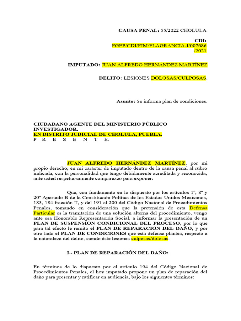 Escrito Solicitud Suspensión Condicional Causa Penal 55 2022 | PDF | Procedimiento Criminal ...