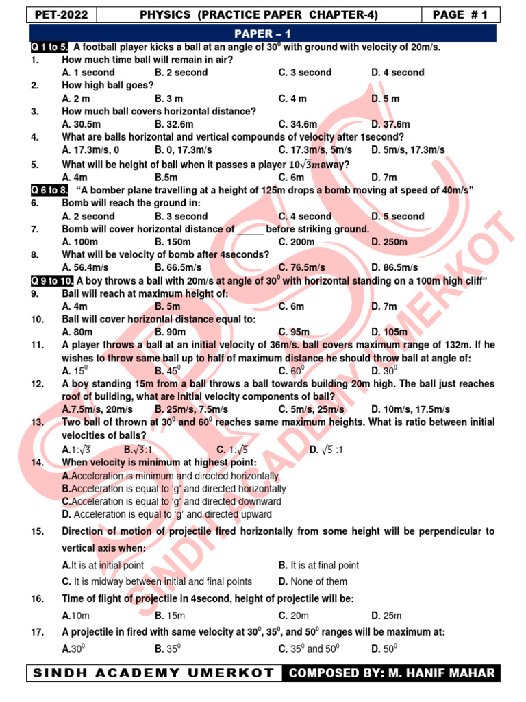 Physics (Practice Paper Chapter-4) | PDF | Acceleration | Metrology