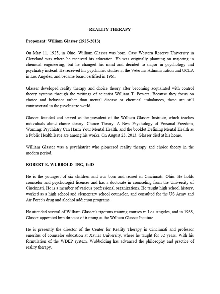 Reality Therapy Handout | PDF | Psychotherapy | Psychology