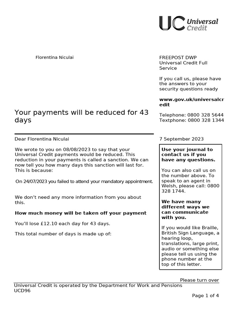 Universal Credit Payment Reduction Notice | PDF
