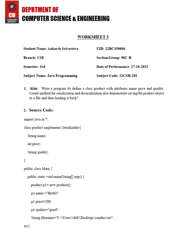 Java Serialization Example Worksheet | PDF | Computers