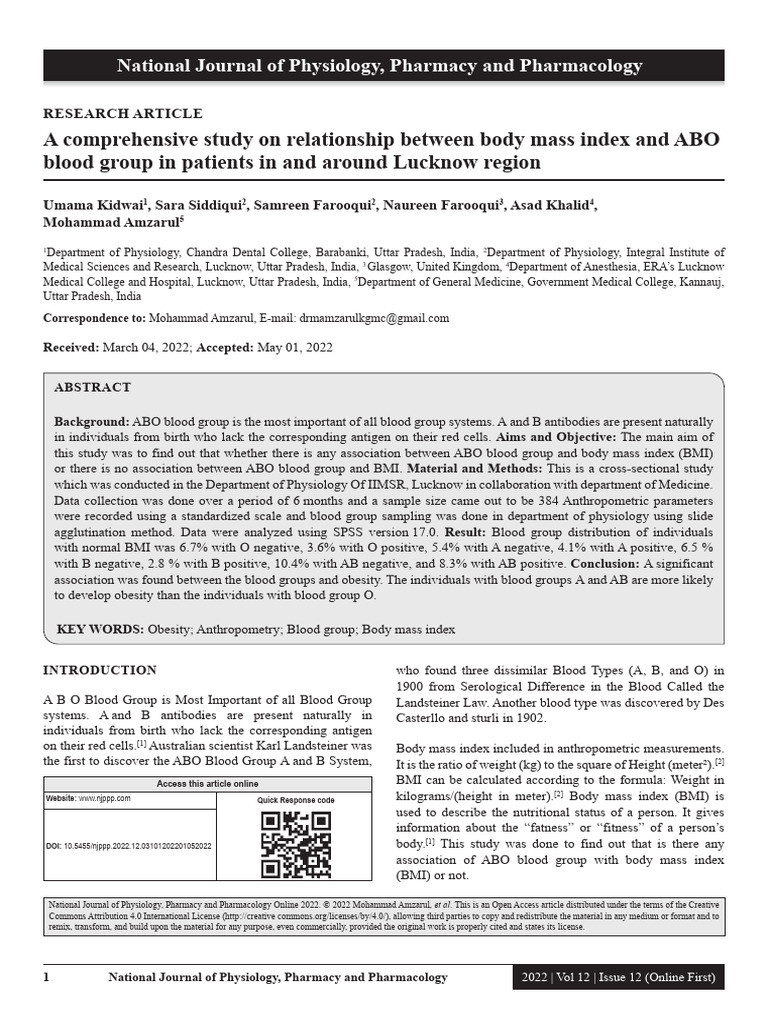 A Comprehensive Study On Relationship Between Body Mass Index and ABO ...