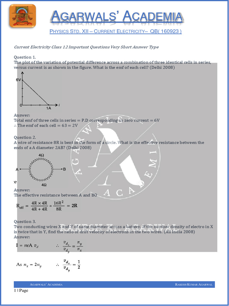 Class 12 Current Electricity Q&A Guide | PDF | Teaching Methods ...