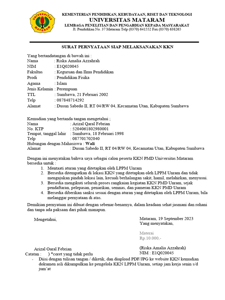 Surat Pernyataan Calon Peserta KKN-PMD-Unram 2023 OK | PDF