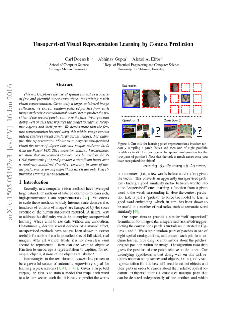 4.1 - Unsupervised Visual Representation Learning by Context Prediction | PDF | Computational ...