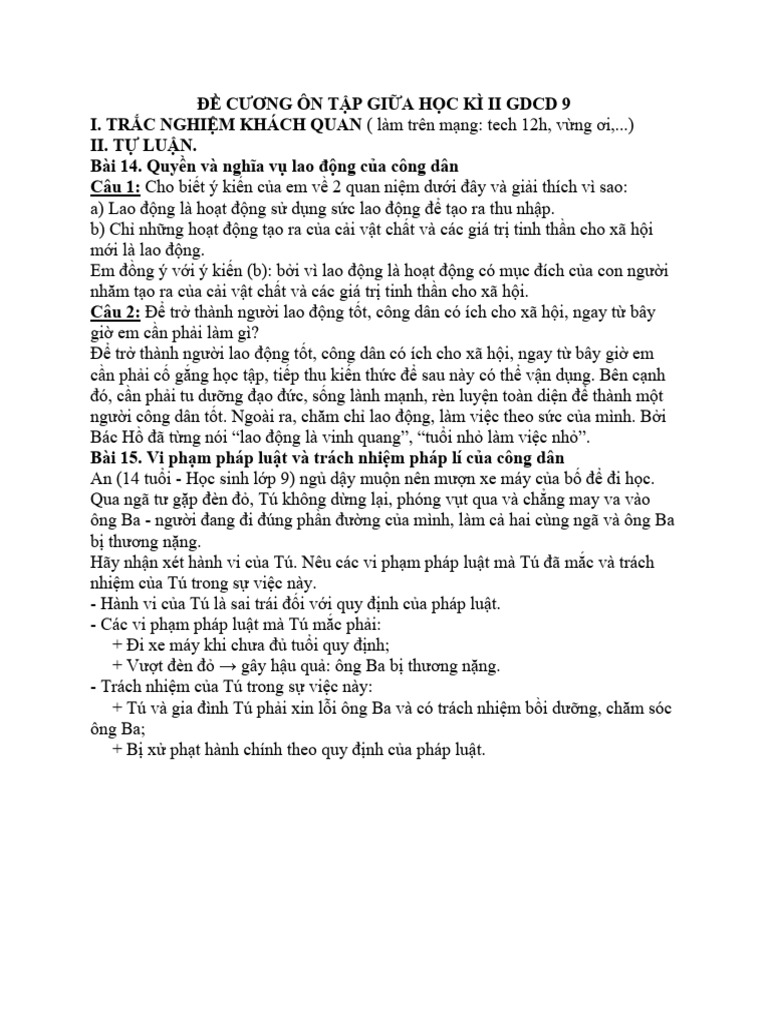 ĐỀ CƯƠNG ÔN TẬP GIỮA HỌC KÌ II GDCD 9 | PDF