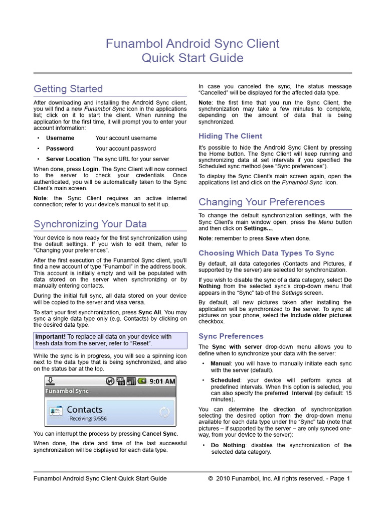 Funambol Android Sync Client Quick Start Guide v8.7 | PDF | Android ...