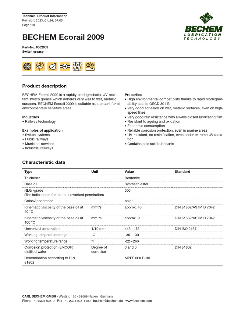 TDB ENG Bechem Ecorail 2009 6002039 en Us | PDF | Lubricant | Materials
