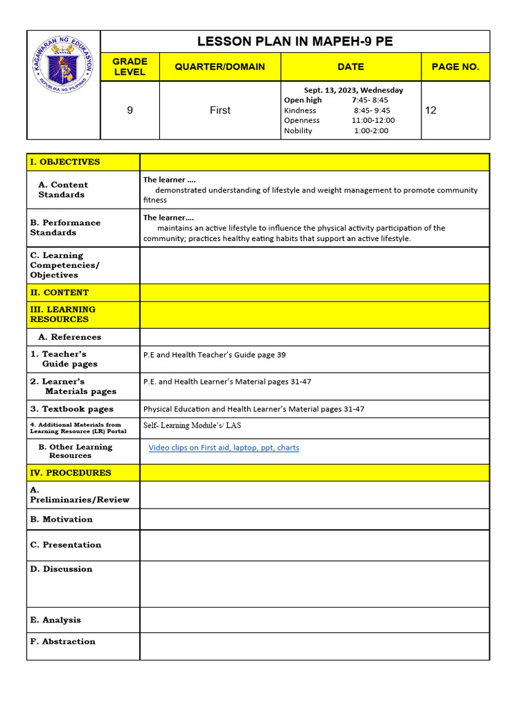 Mapeh Unified LP Format | PDF | Learning | Teachers