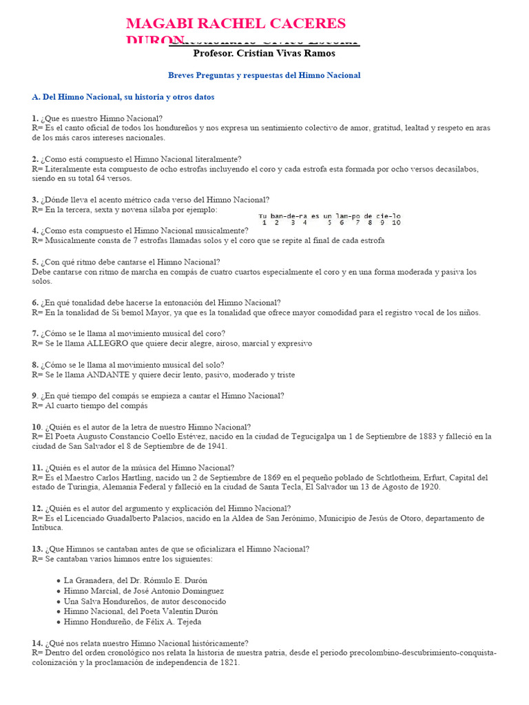 Cuestionario Cívico Escolar CEB JCV | PDF | Honduras | Himnos