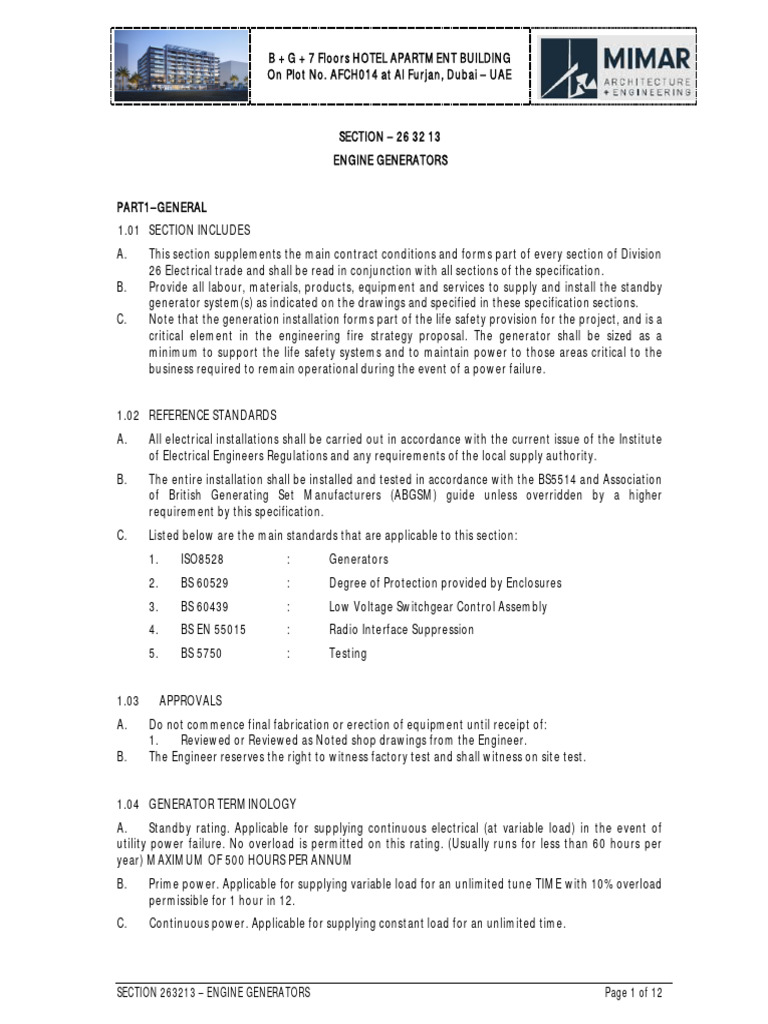 Section 263213 - Engine Generators | PDF | Battery Charger | Elevator