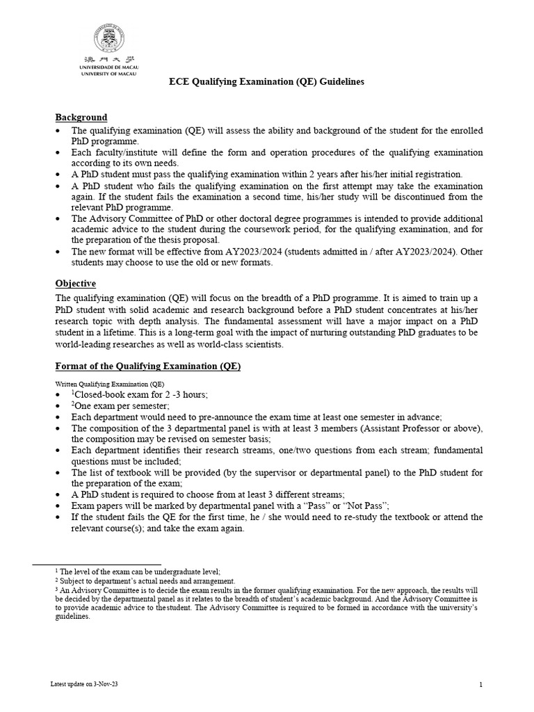 ECE Qualifying Examination Guidelines 1 | PDF | Doctor Of Philosophy | Thesis