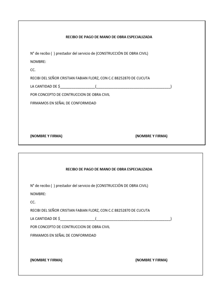 Recibo de Pago de Mano de Obra Especializada | PDF