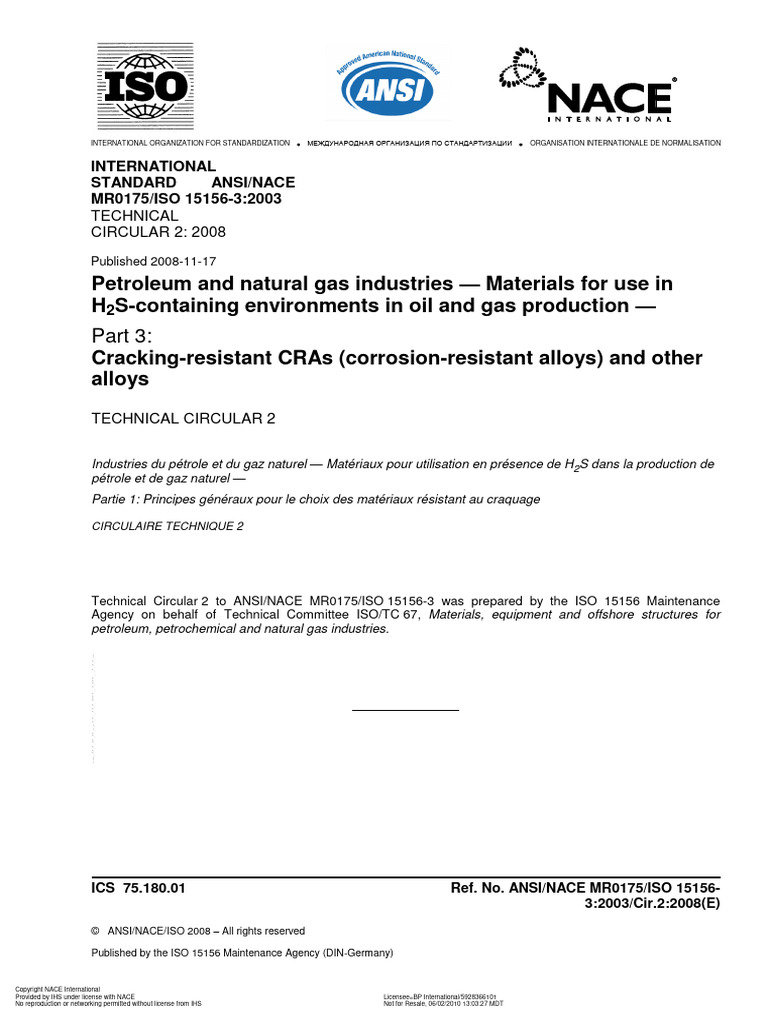 NACE MR0175 - 2008 Petroleum and Natural Gas Industries - Materials For Use in H2S-Containing ...