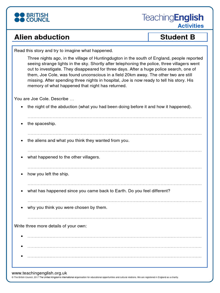 Teaching Kids Activities Alien Abduction Student B | PDF