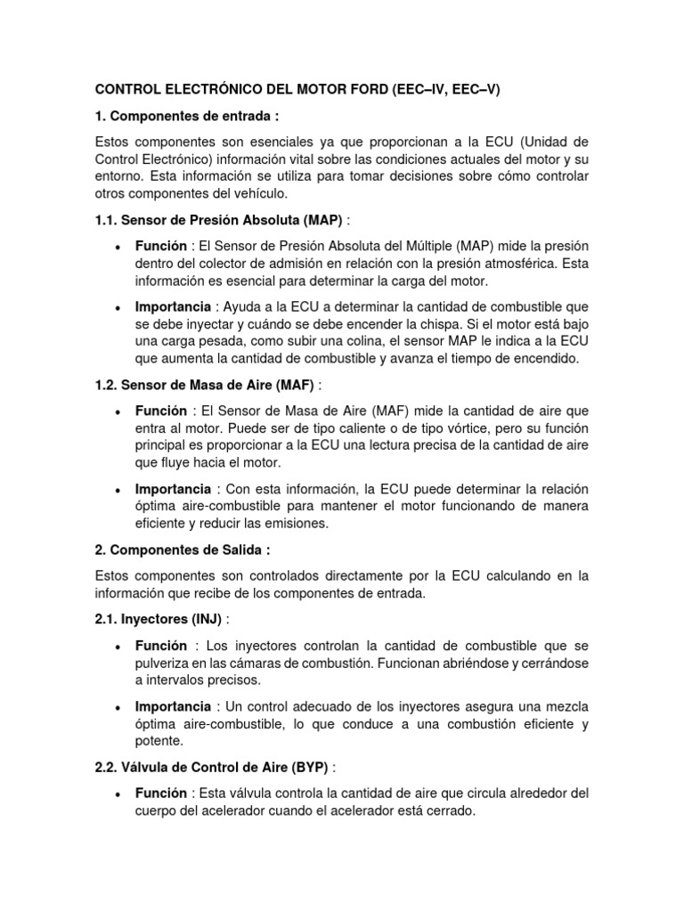 Control Electrónico del Motor Ford EEC-IV/V | PDF | Inyección de combustible | Acelerador
