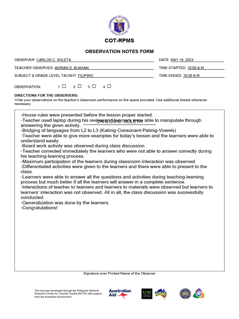 (Appendix C-08) COT-RPMS Observation Notes Form | PDF