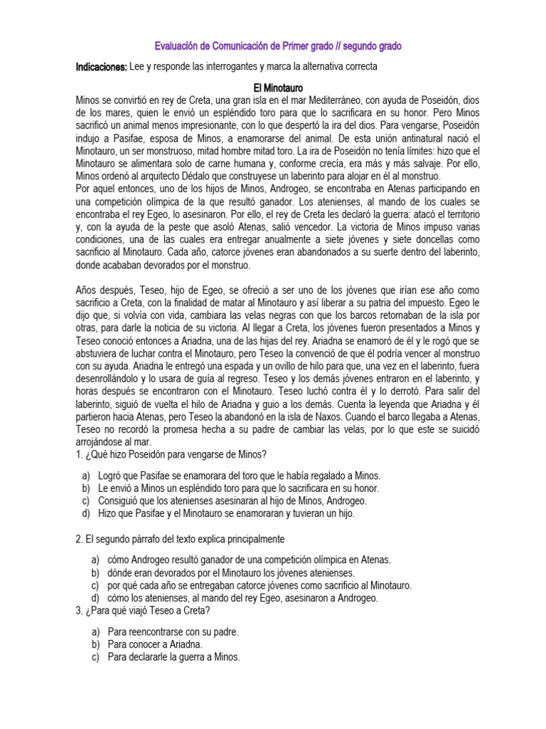 Evaluación De Comunicación De Primer Grado Pdf Minotauro Teseo