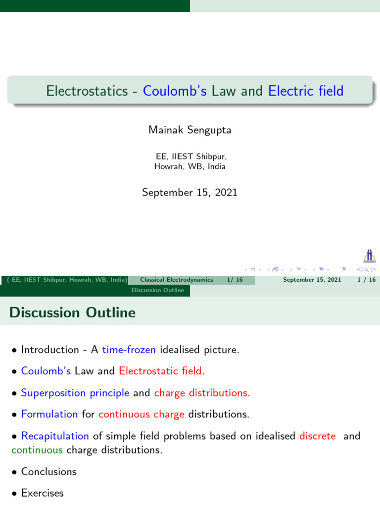 Set07 Lec EE2103 Electrostat 1 Sept21 | PDF | Electric Field | Electrostatics