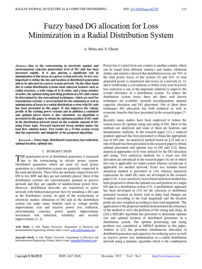 Fuzzy Based Dg Allocation For Loss Minimization In A Radial Distribution System Pdf