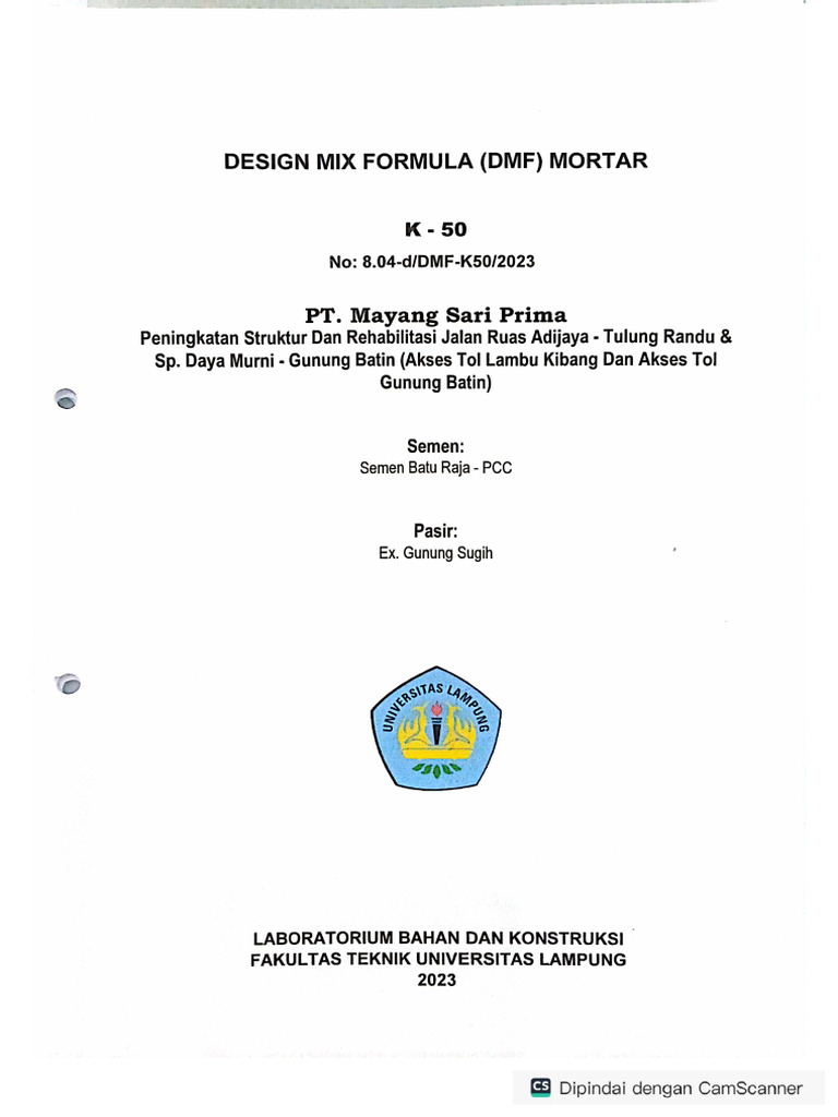 K-50, NO.8.04-d, DMF-K50,2023, PT - MSP, EX - PASIR GUNUNG SUGIH, SEMEN BATU RAJA-PCC. | PDF