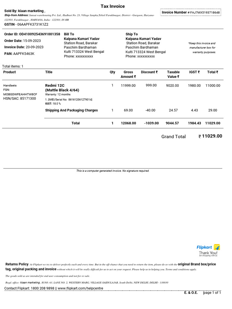Kalpana Yadav Flipkart Invoice | PDF | Economies | Taxes