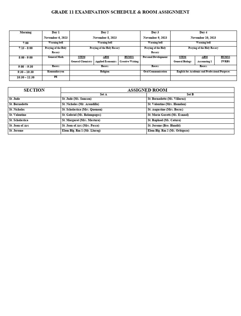 Grade 11 Examination Schedule | PDF