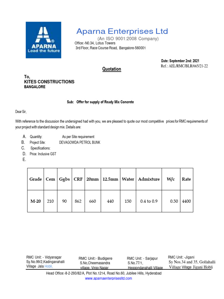 Kites Constructions RMC Quotation | PDF | Prices | Concrete