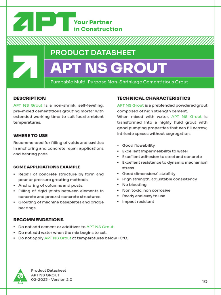 APT NS Grout Datasheet | PDF | Concrete | Cement